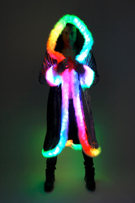 Men’s Long LED Sequin Faux Fur Coat – Light-Up & Sparkly – Furrocious Furr