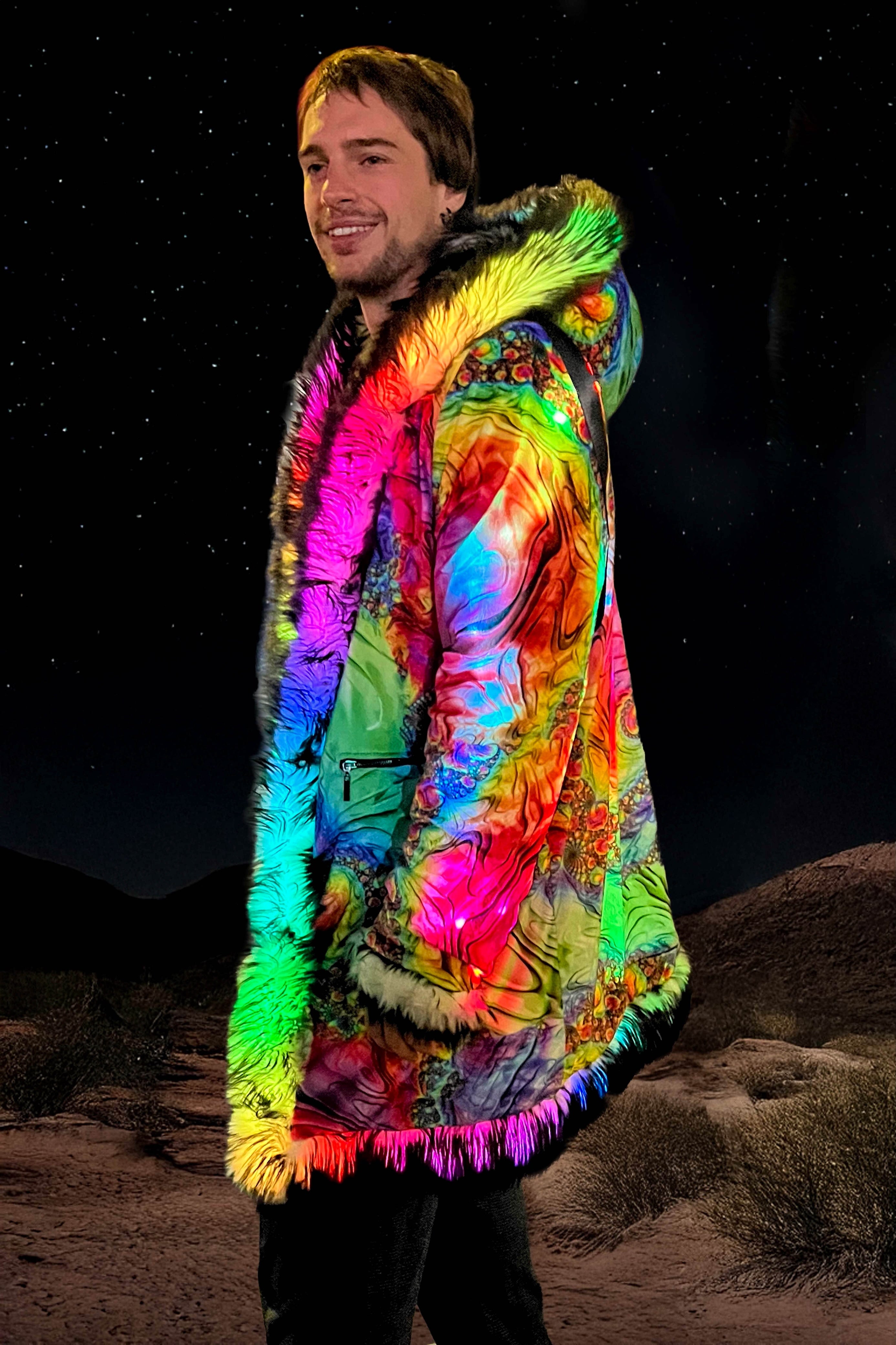 burning man faux fur LED Skittle Swirl coat | Furrocious Furr