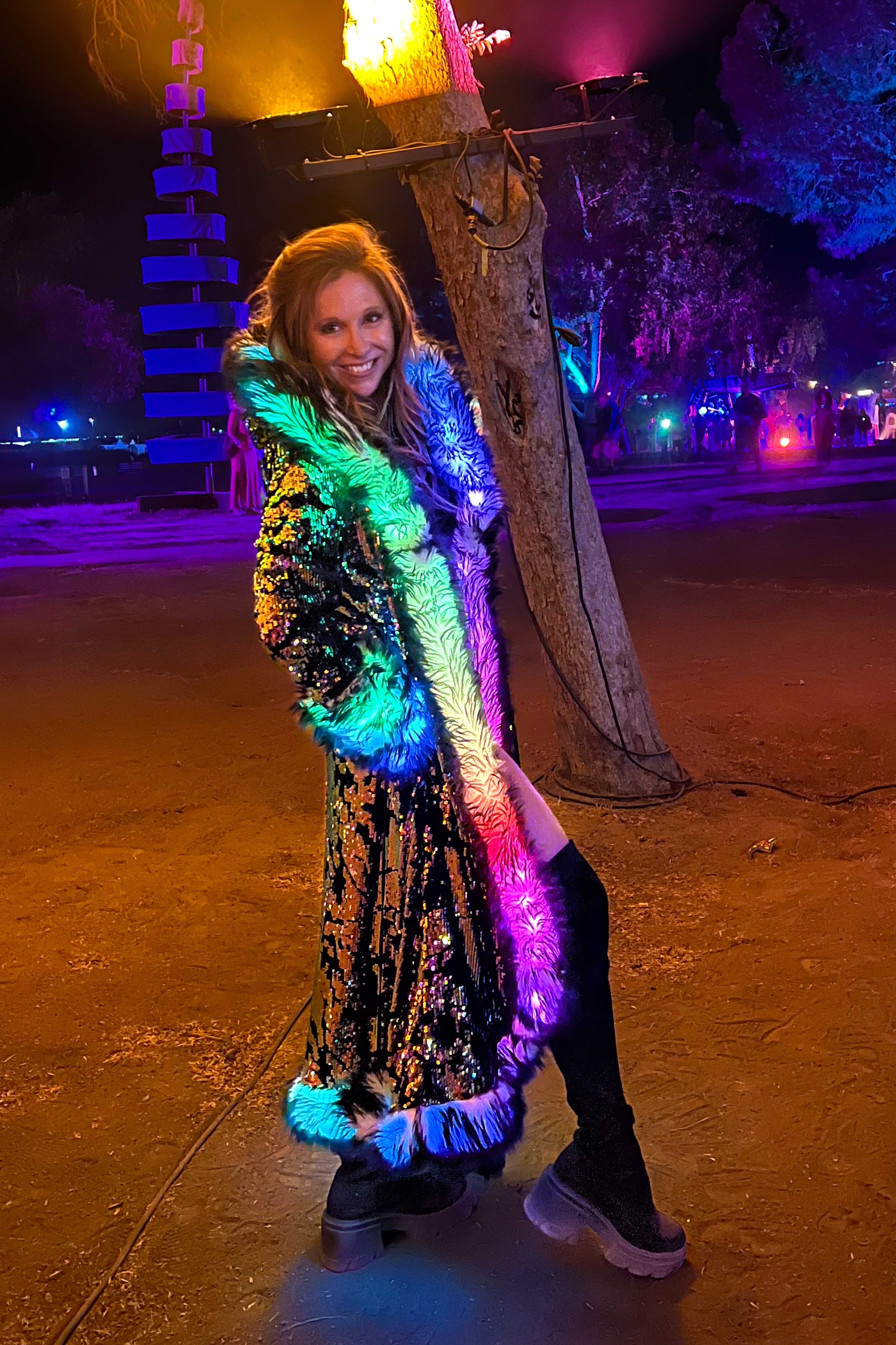 Women's LED Sequin Faux Fur Temptress Coat in "Black Magic" for Burning ...