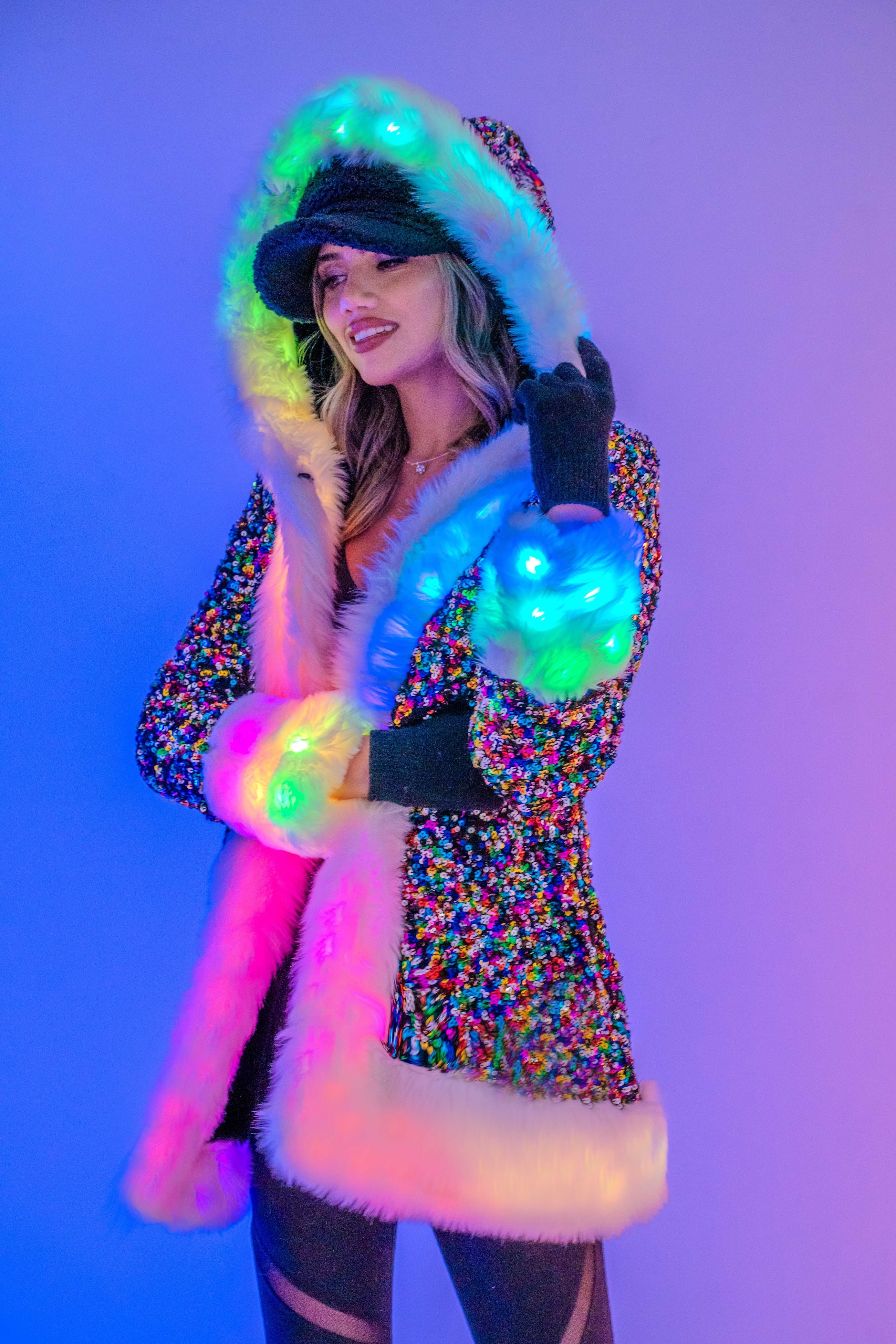 Women's LED Faux Fur Petite Playa Coat in "Rainbow Sequin" – Furrocious ...
