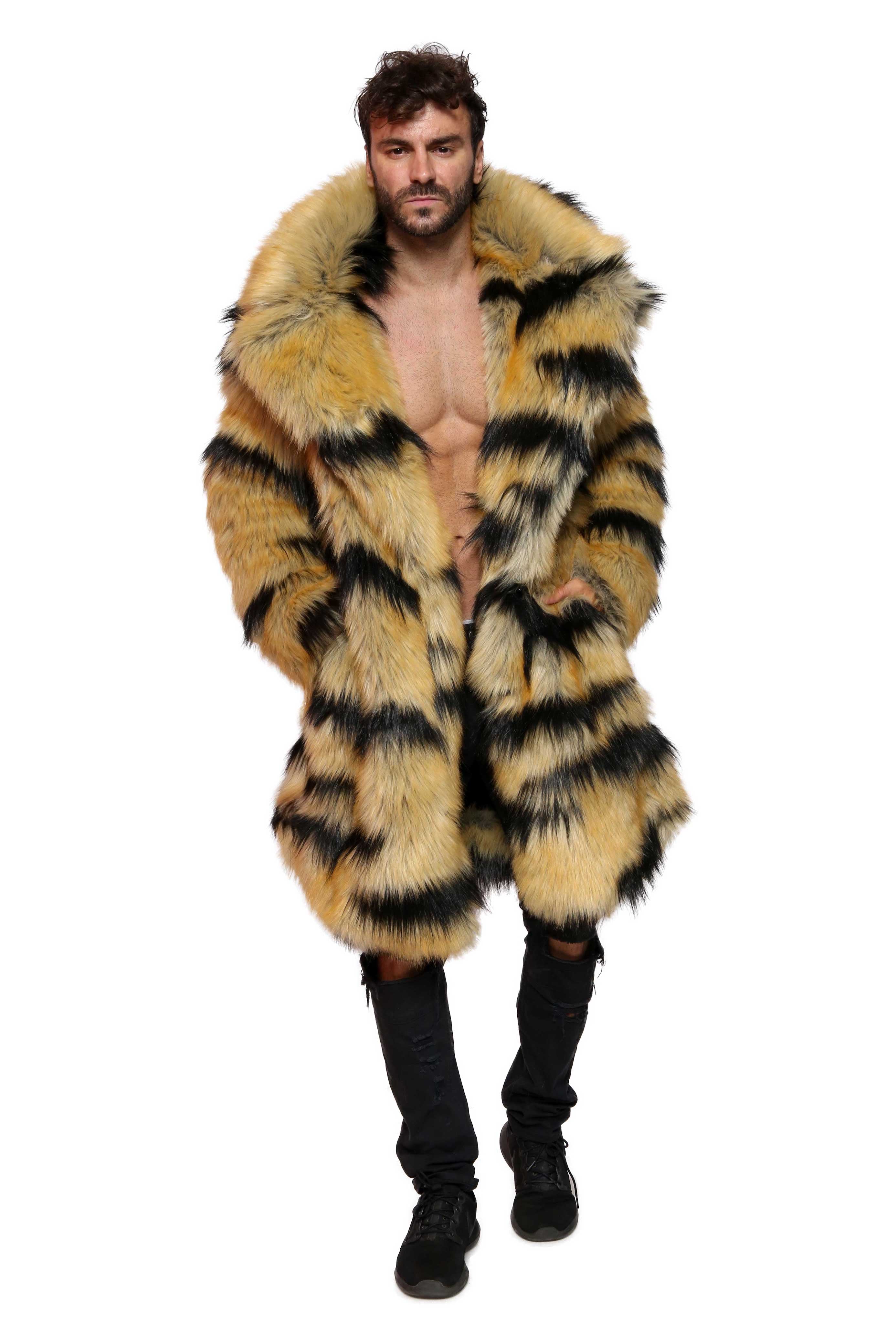 vegan tiger faux fur coat for men | Furrocious Furr