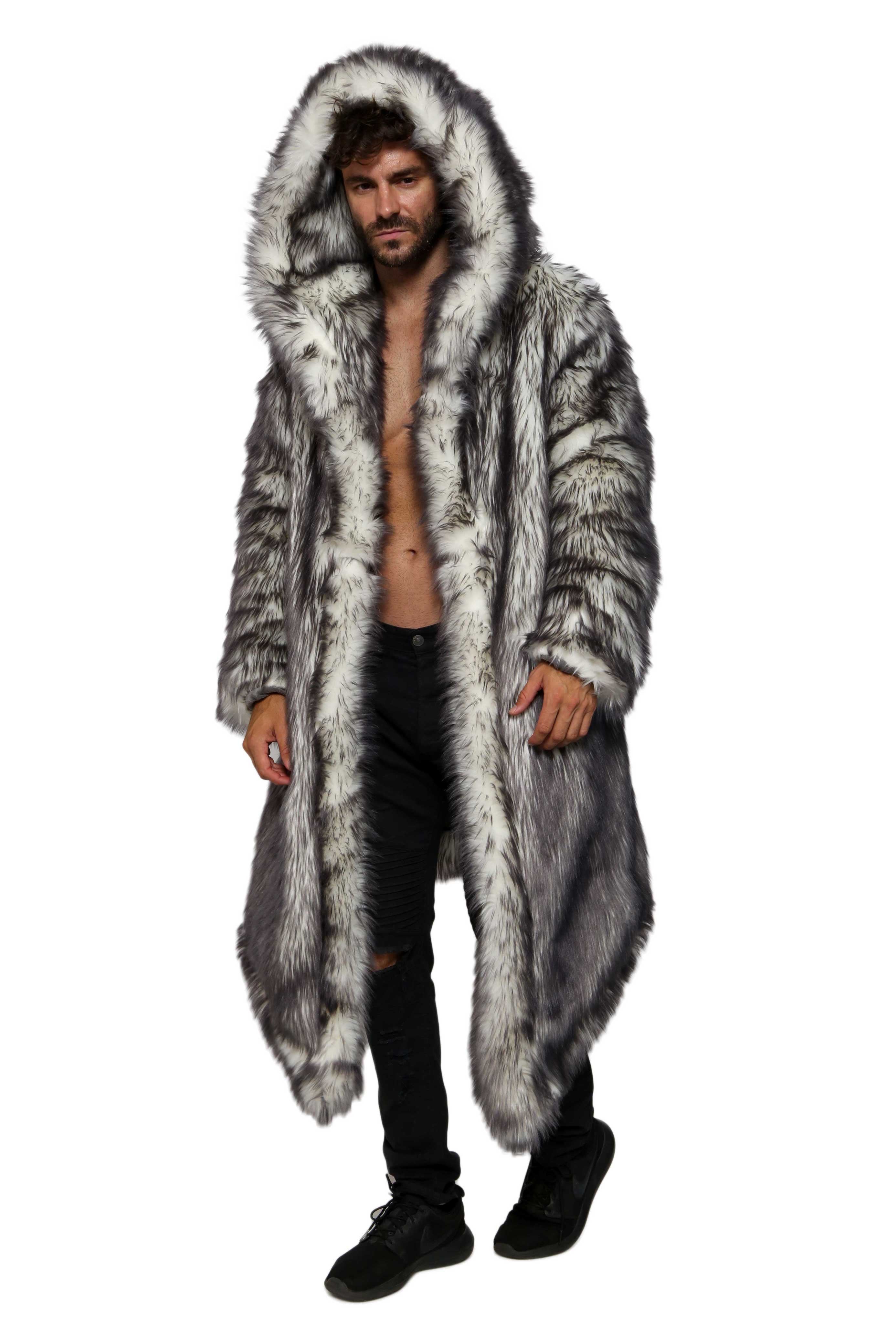 men's gray white fake fur coats for burning man | Furrocious Furr