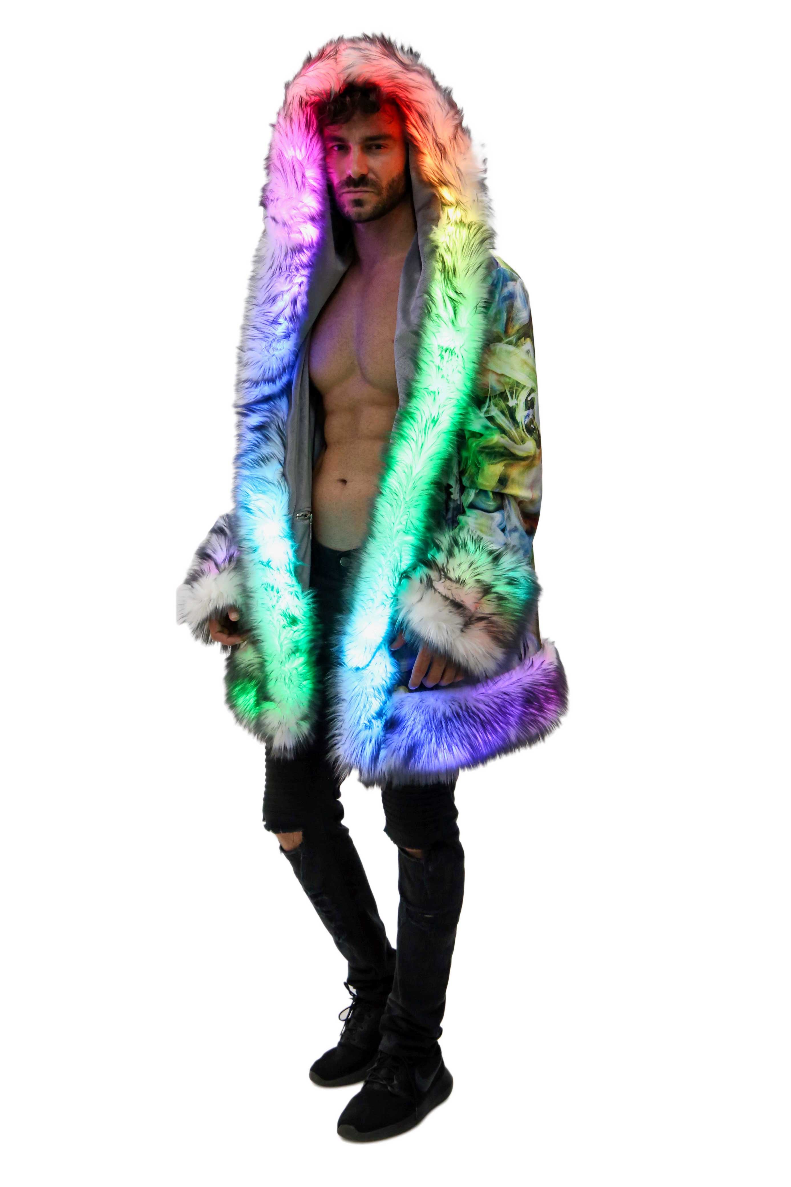 Burning Man colorful light up LED faux fur velvet festival coat for men ...