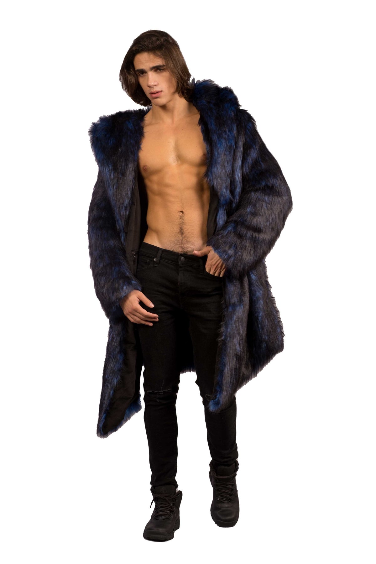 Blue Wolf hooded faux fur coats for men | Furrocious Furr
