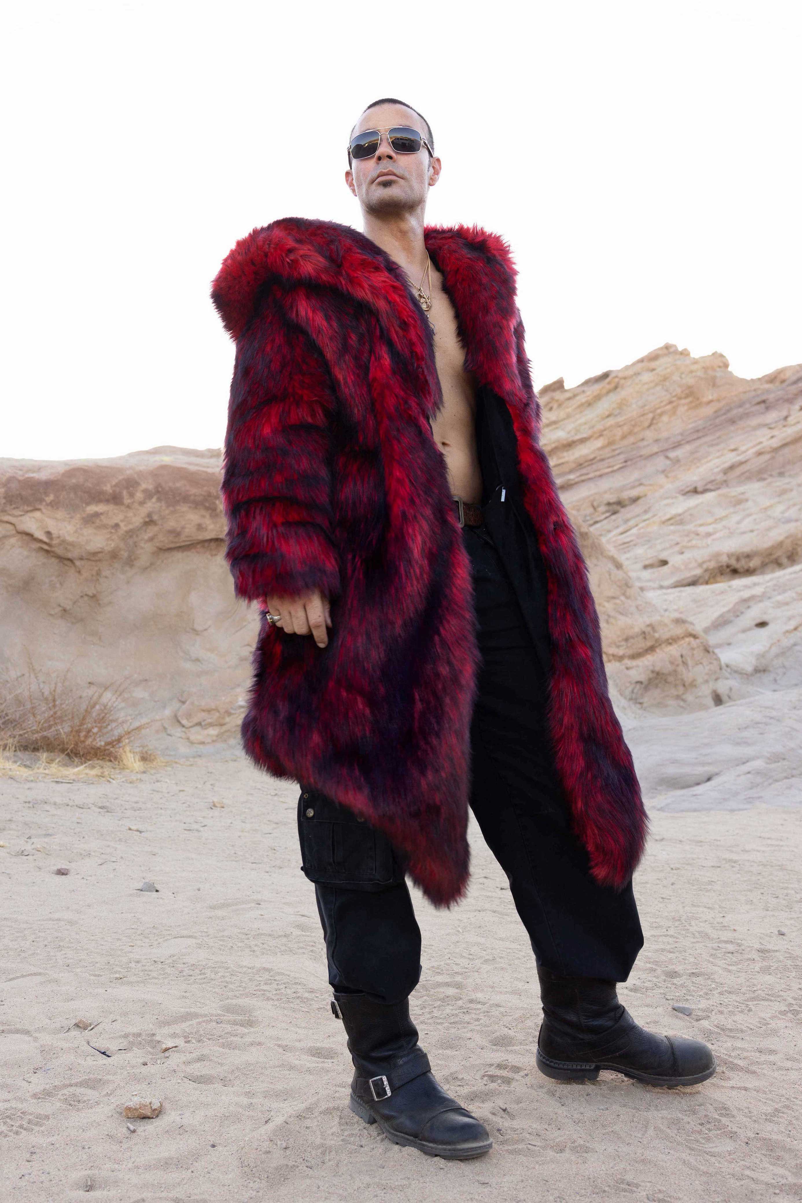 Red Wolf hooded faux fur coats for men | Furrocious Furr